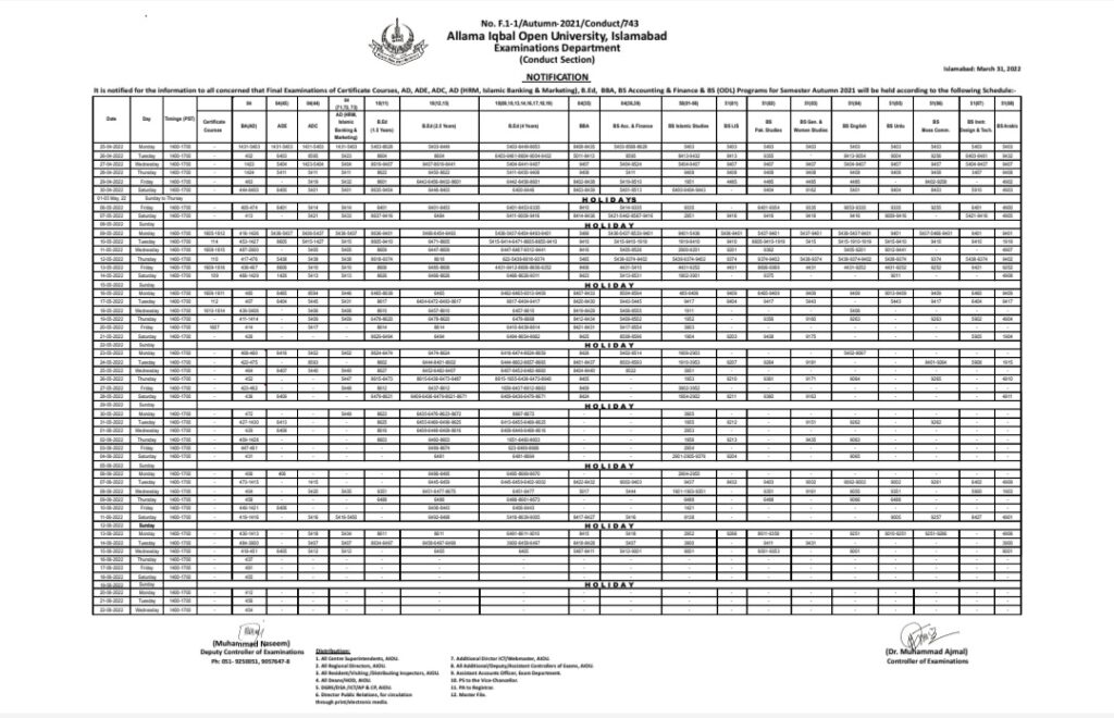 AIOU Exam Date Sheet Autumn 2021 || AIOU BEd BS Exam Date Sheet Autumn 2021